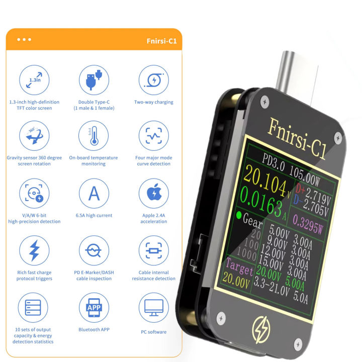 FNIRSI-C1 USB Tester Voltmeter Ammeter Type-C PD Trigger Fast Charging ...
