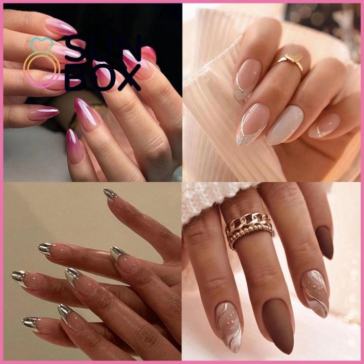 SUN BOX Long Almond False Nails French Elegant Nail Tips Manicure Rose ...