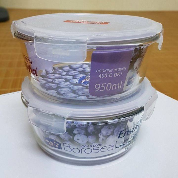 Thố thủy tinh tròn có nắp Lock and Lock 950ML chống tràn , Dùng được lò vi sóng , Dùng đựng cơm ...