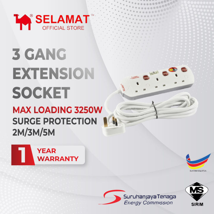 Selamat 3 Gang Surge Protection Extension Socket/Trailing Socket (2M/3M/5M) | Lazada