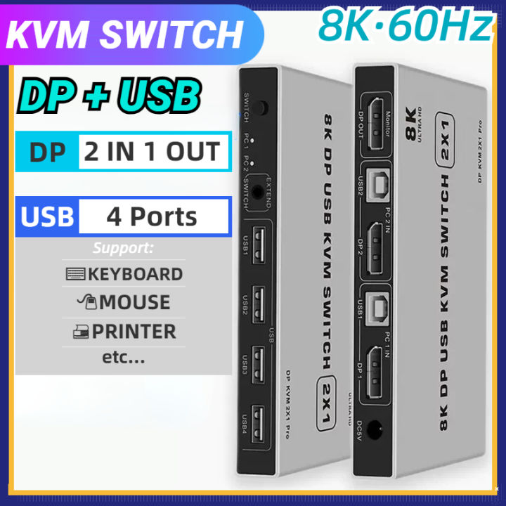 พอร์ต2แชร์พีซีสวิตช์ KVM 8K 60Hz DP 2X1พอร์ต USB สวิตช์ KVM 2 In 1 Out ...