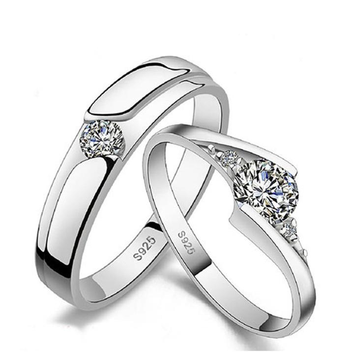 925 Silver Plated Couple Rings Ajustable 1 Pair Wedding Engagement Ring ...