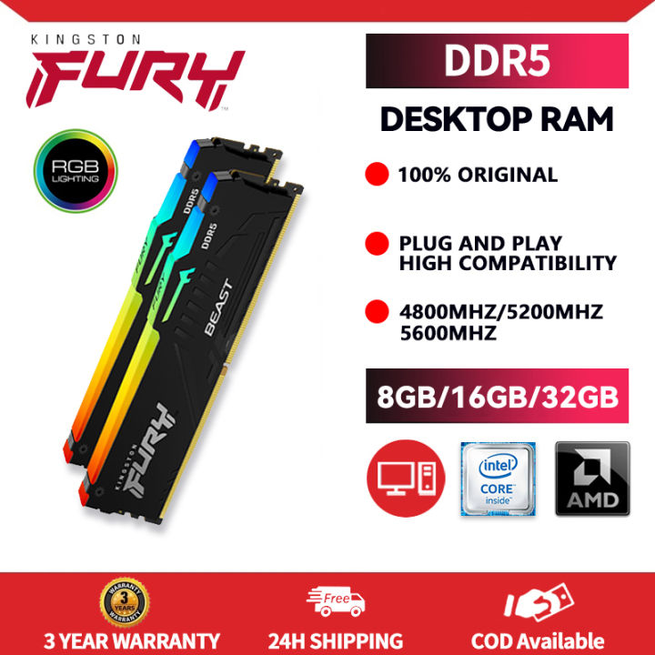 Kingston Fury Beast RGB DDR5 RAM 8GB 16GB 32GB Desktop Memory 4800MHz 5200MHz 5600MHz PC5-38400 ...