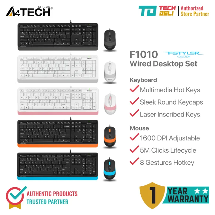 A4Tech F1010 Wired Desktop Set | 1200 DPI Mouse | Multimedia Hotkeys Keyboard | For PC | Laptop ...