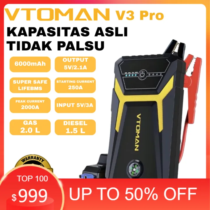 VTOMAN V3 Pro 6000mAh Jump Starter Dengan Tombol Boost Jumper Aki Mobil ...