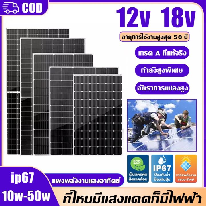 แผงโซล่าเซลล์ 12V 18V โมโน 10W/15W/20W/30W/50W กันน้ำ พร้อมสายที่ความยาว 1 เมตร monocrystalline ...