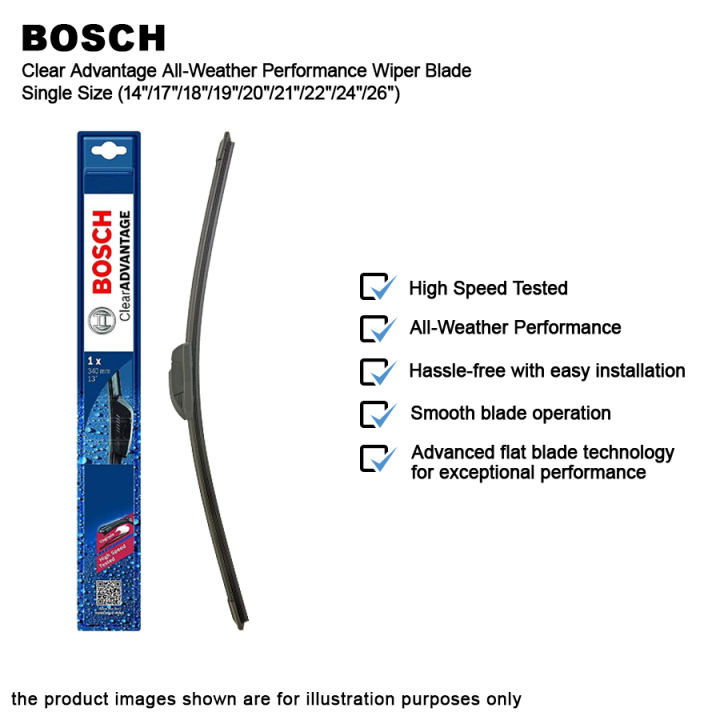 Bosch Clear Advantage All-Weather Performance Wiper Blade Single Size (14"/17"/18"/19"/20"/21 ...