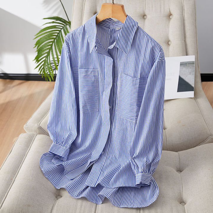 Skdjj-สินค้าส่งตรงจากโรงงานสีฟ้าเสื้อเชิ้ตมีลายสำหรับผู้หญิงแขนยาวฤดู ...