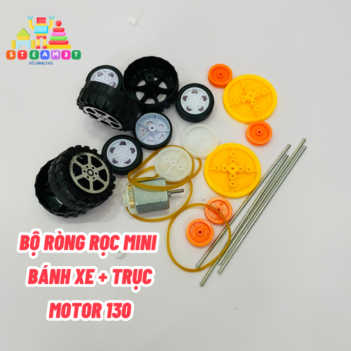 Bộ bánh xe mini, ròng rọc, trục sắt, motor 130 3V - 6V DIY học STEAM ...