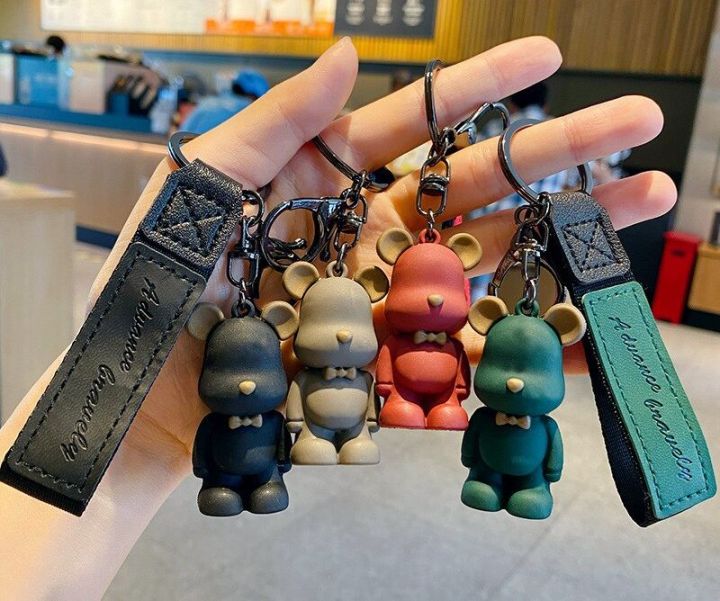 LUCKYMORE Cute Cartoon Bear Keychain Leather Lanyard Animal Key Ring ...