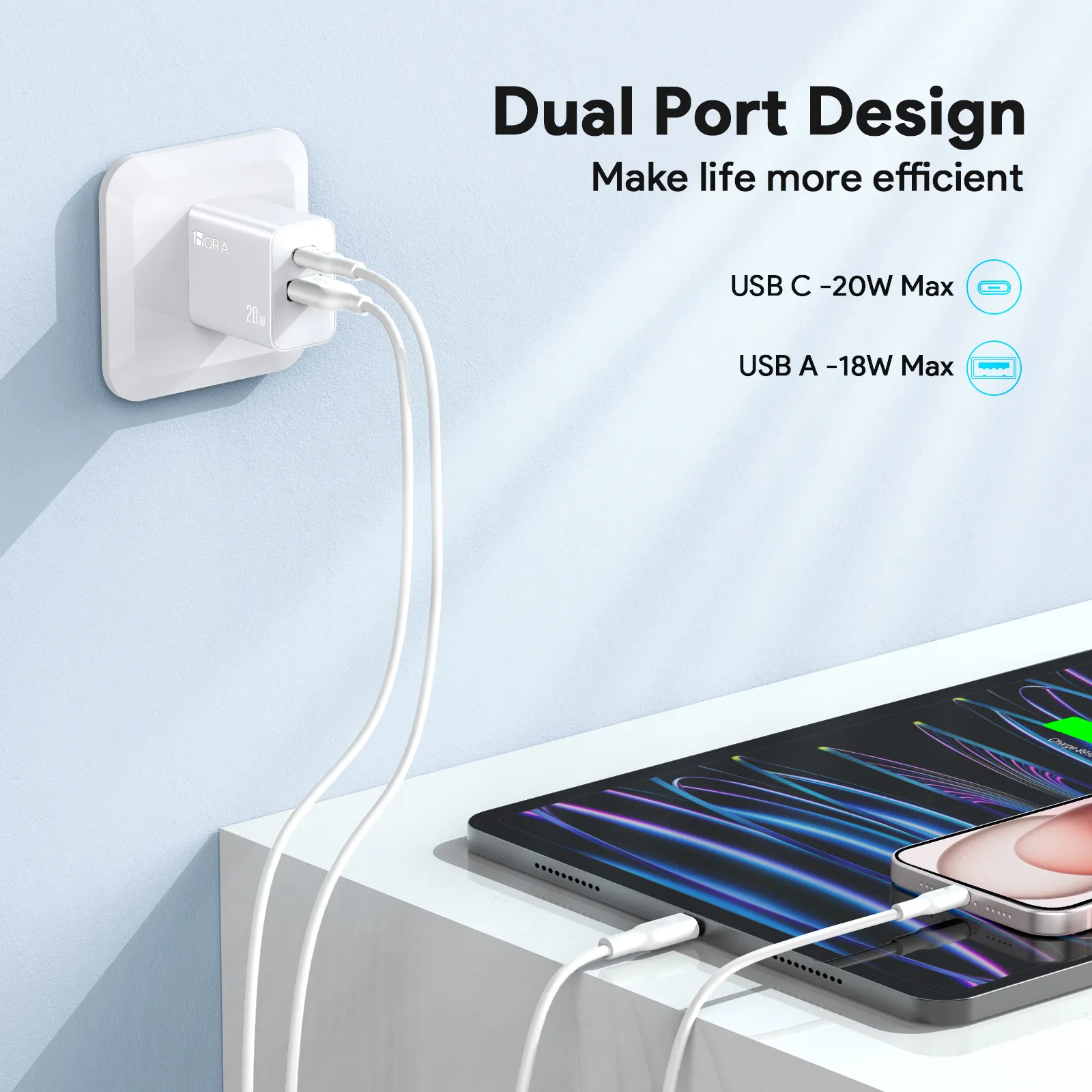 1HORA GAR162 2in1 dual port fast Charger USB A Type C Fast Charger ...