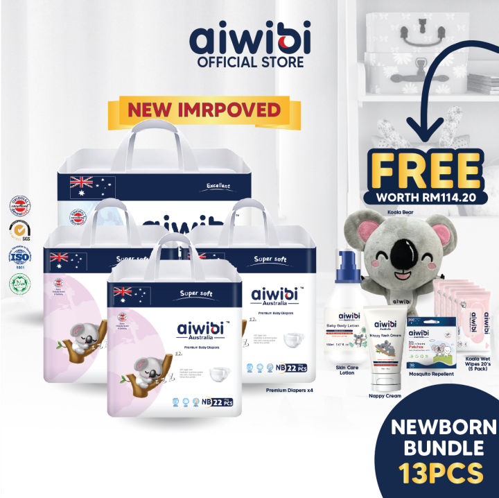 [BUNDLE] Aiwibi Newborn Bundle Diapers NB22 (3's Pack) + S52 (1's Pack ...