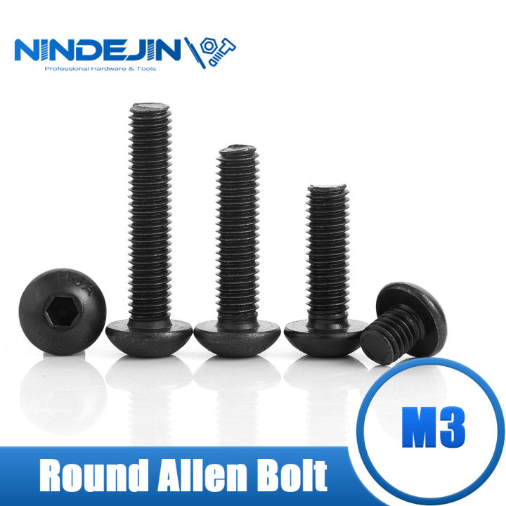 NINDEJIN NINDEJIN Hex Socket Round Head Screw Bolt ISO7380 M3 Carbon Steel Black Plated 60Pcs ...