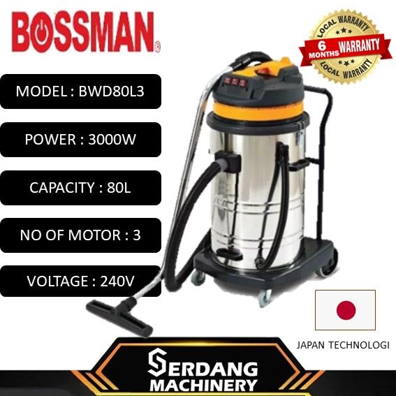 BOSSMAN BWD80L3 80L Industrial Wet & Dry Vacuum Cleaner 3000W c/w ...