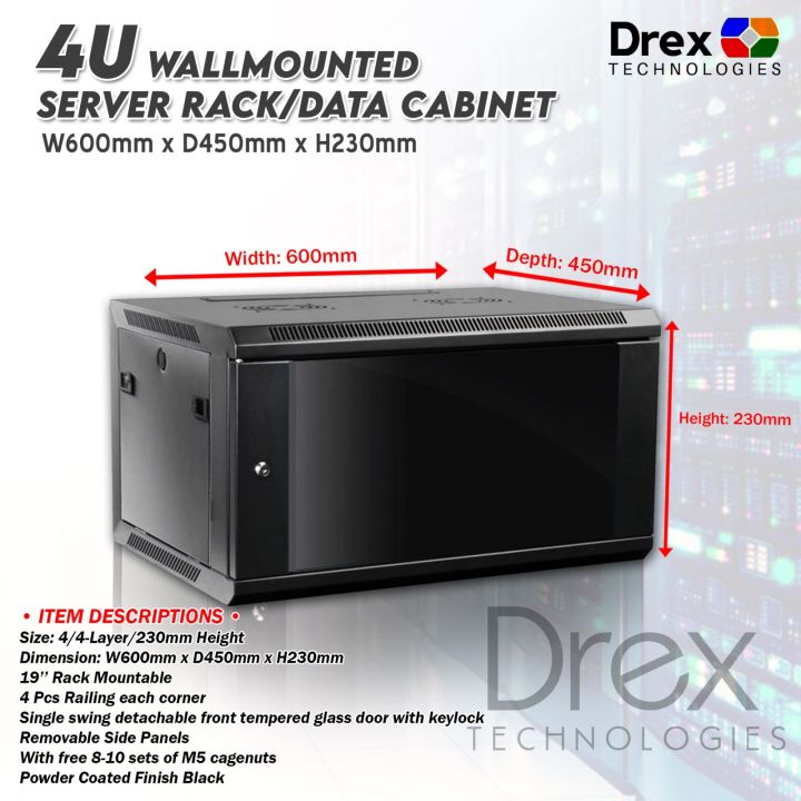 4U 4-Layer Wallmounted Data Cabinet / Server Rack W=600x D=450mm x H ...