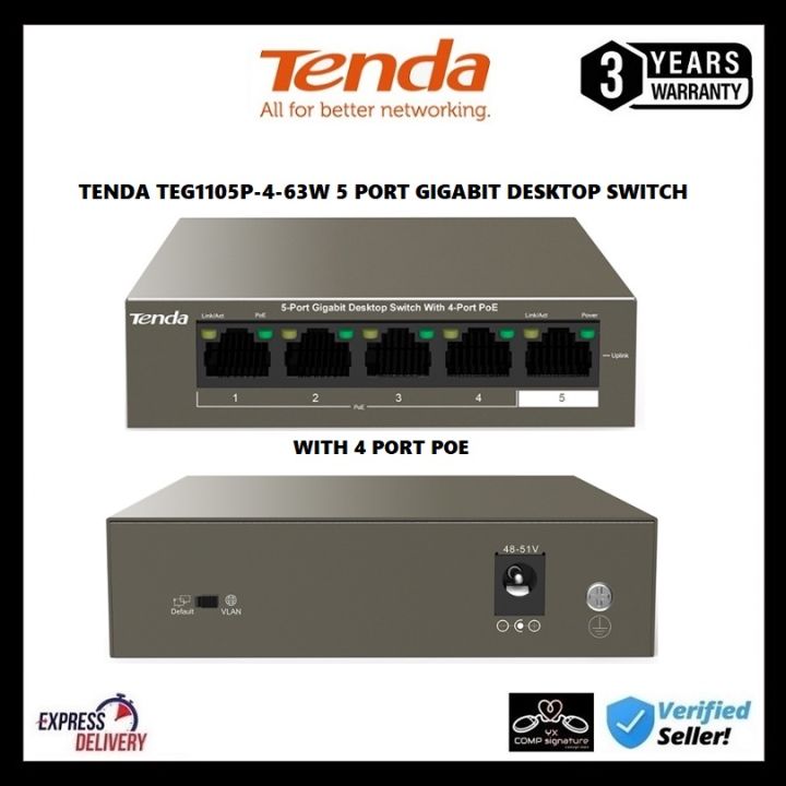 TENDA TEG1105P-4-63W 5 PORT GIGABIT DESKTOP SWITCH WITH 4 PORT POE | Lazada