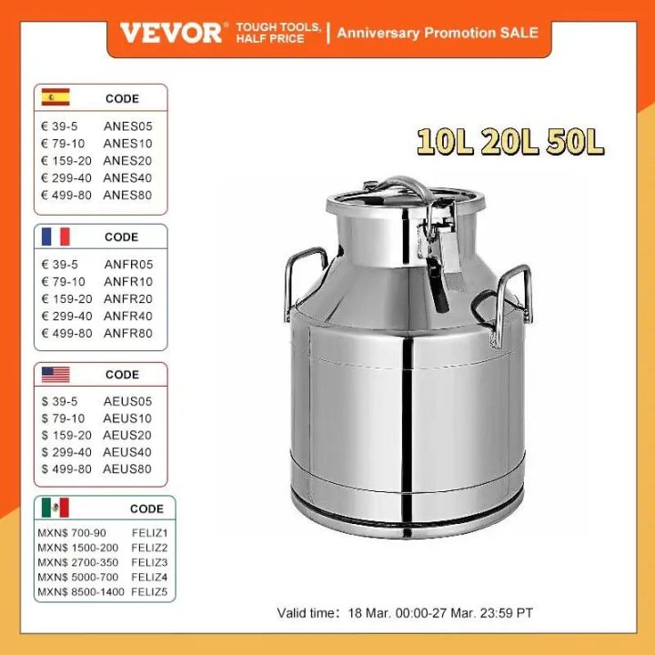 Vevor ถังเหยือกนมขนาด50ลิตร20L 10L ถังสามารถเหล็กสแตนเลสนมวัวสำหรับซุปไวน์น้ำมันและการขนส่งเก็บ ...