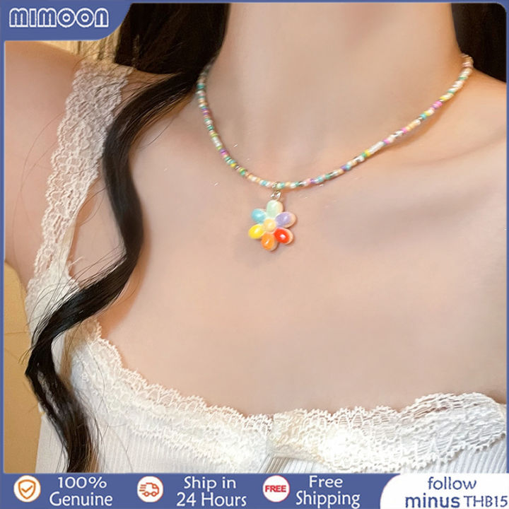 สร้อยคอลูกปัด y2k สไตล์เกาหลีหลากสีสันลูกปัดดอกไม้สร้อยคอ Ins เครื่องประดับแฟชั่นสำหรับสุภาพสตรี ...