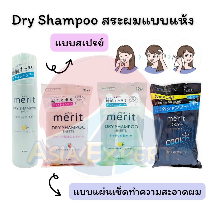 Kao merit DAY+ Dry Shampoo Spray / Sheet 3ชนิด แชมพูแห้ง แผ่นเช็ดผม ...