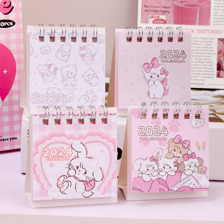 2024 Cartoon Cute Pink Cat Desk Calendar Mini Standing Flip Calendar ...