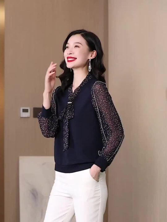 FE2023 เสื้อชีฟองลายดอกไม้กุทัณฑ์หนักฤดูใบไม้ร่วงเสื้อถักเย็บเสื้อไซส์ใหญ่เสื้อตัวในผู้หญิงรุ่น ...