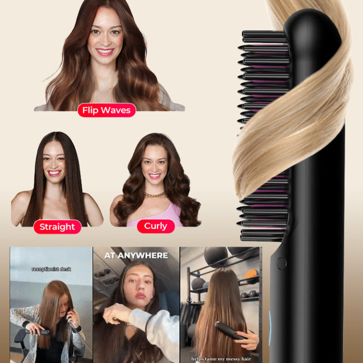 Negative Ion Curling Iron Lazy Curling Wand Comb Straightener 2 in 1 ...
