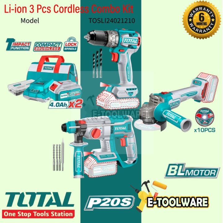 Total Li-ion 3 Pcs Combo Kit Brushless Motor Rotary Hammer + Angle ...