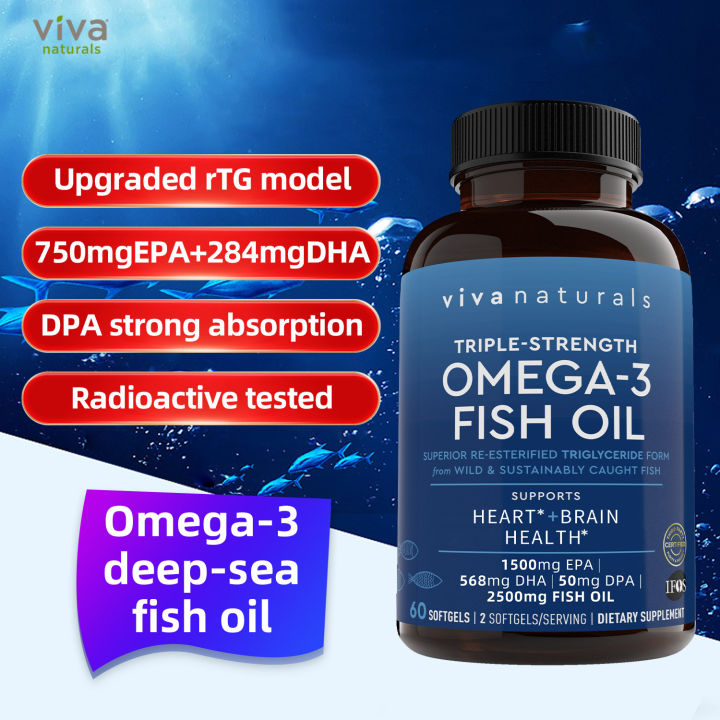 Viva Naturals Triple Strength Omega 3 Fish Oil Supplement - 2500 mg Fish Oil with Re-Esterified ...
