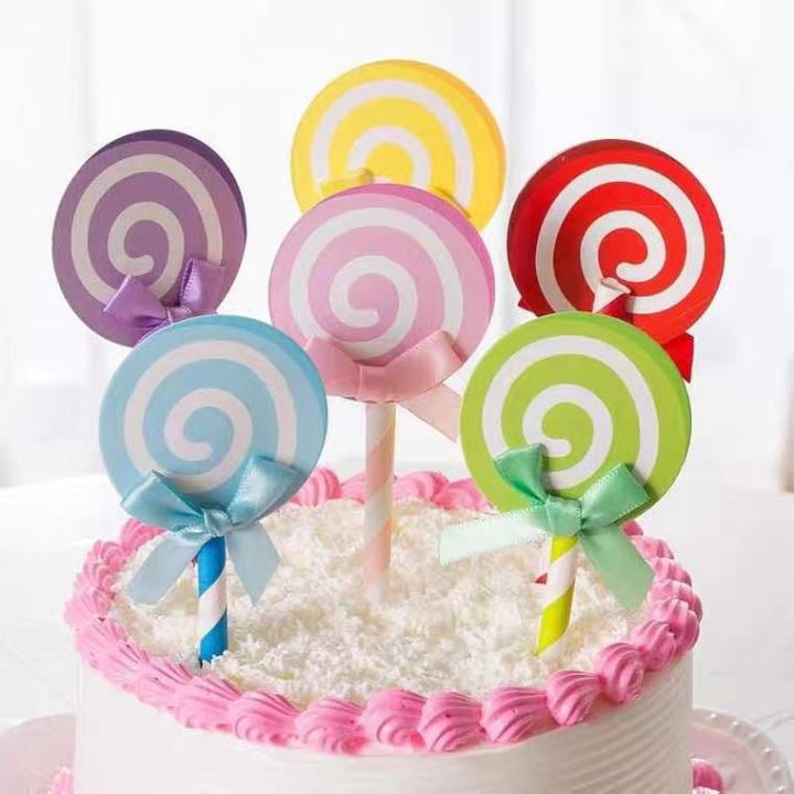 Ins Rainbow Lollipop Paper Card Cake Topper Plug In Baking Props
