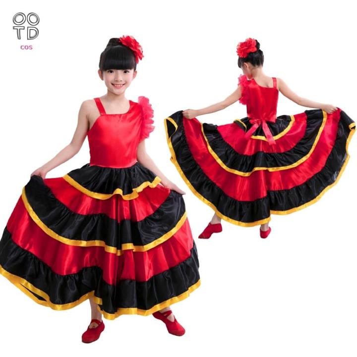 Kids Girls Red Spanish Flamenco Belly Dance Dress School Pageant ...