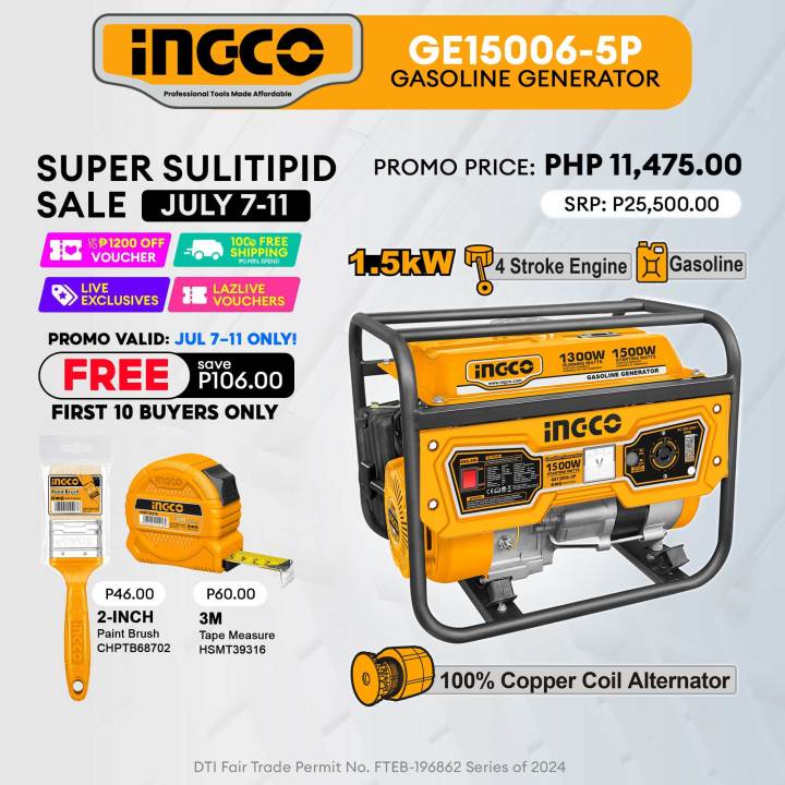 Ingco Gasoline Generator Backup Power 4-Stroke Engine GE15005-5P ...