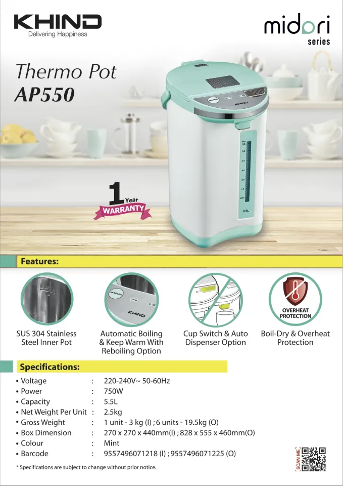 Khind Thermo Pot (Midori Series) 5.5L Auto Dispenser Function + SUS 304 ...