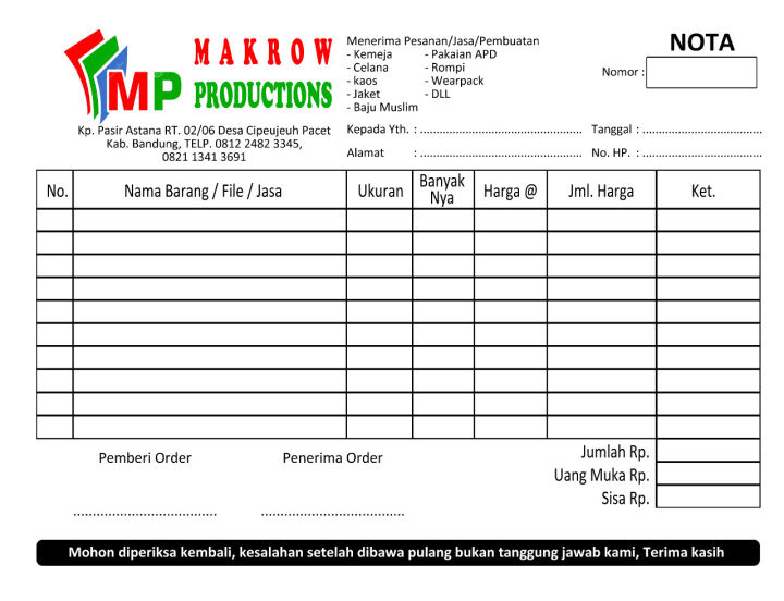 cetak nota perusahaan 1ply ukuran 1/2 folio 21.5 x 16,5 bon loundry ...