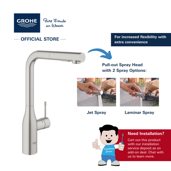 GROHE Essence L-Spout Kitchen Mixer with Pull Out Dual Spray ...
