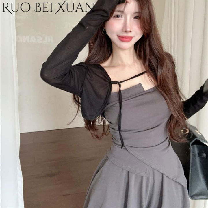 Ruo Bei Xuan กระโปรงชุดสูทแฟชั่นกางเกงกระโปรงสายเอี๊ยมไม่เรียบชุดคาร์ดิ ...
