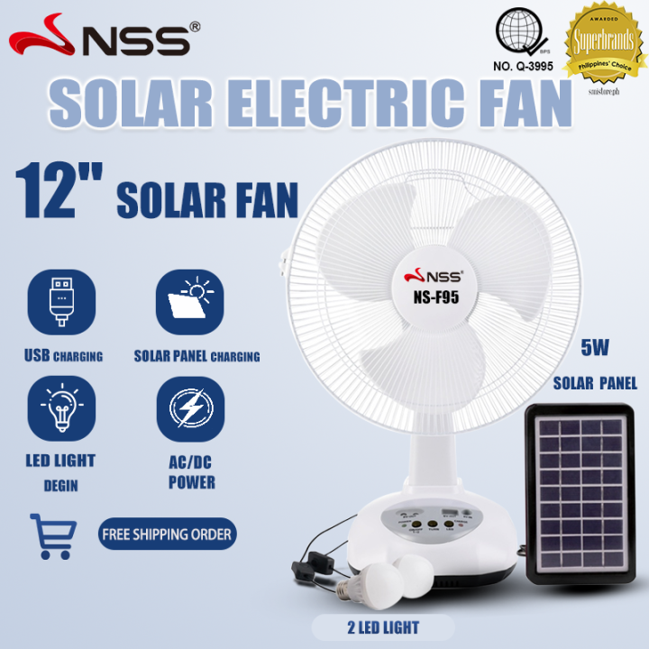 NSS Solar electric fan 12 inch rechargeable 2 LED lights 220V AC ...