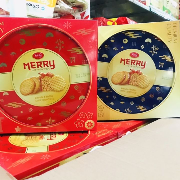BÁNH HỘP THIẾC MERRY NHẬT BISCUITS & WAFFLES RICHY 333G MÀU XANH + ĐỎ ...