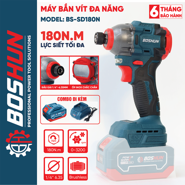 Máy chuyên vít pin BOSHUN BS-SD180N, Không chổi than 180Nm, 3 Tốc độ ...