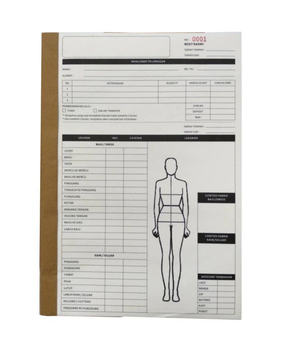 Buku Ukuran Resit Tempahan Jahitan Baju Wanita Body Measurement Chart ...