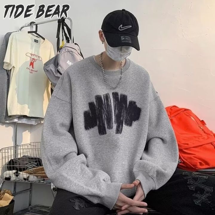 TIDE BEAR เสื้อสเวตเตอร์แขนยาวสวมหัวผู้ชายสเวตเตอร์ลายพิมพ์คอกลมกราฟฟิ ...