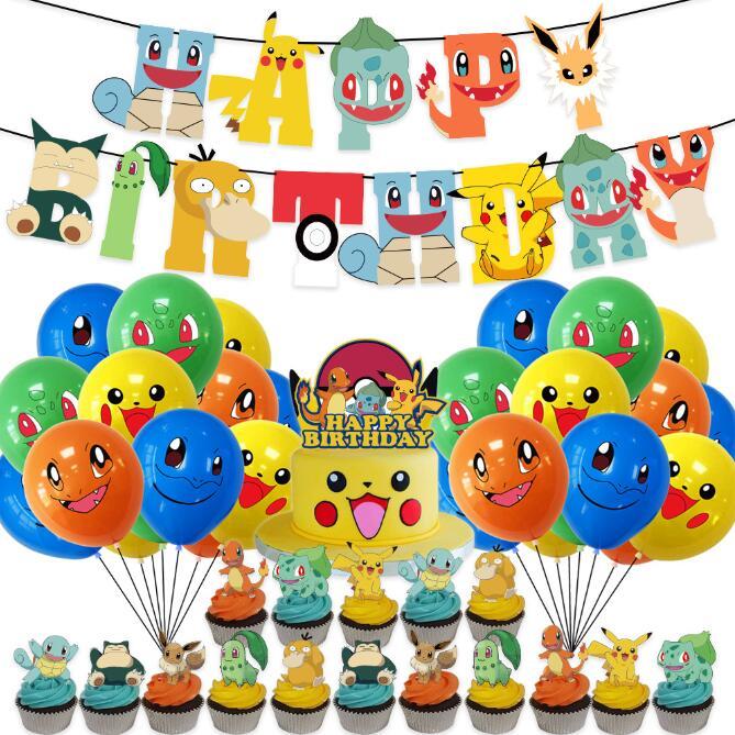 Pikachu Themed Latex Balloons Pokemon Balloon Banner Cake Topper Set ...