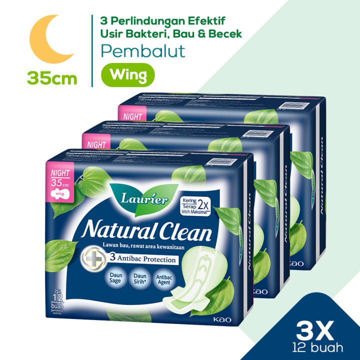[Paket isi 3] Laurier Natural Clean Pembalut Wanita Night Wing 35cm 12s ...