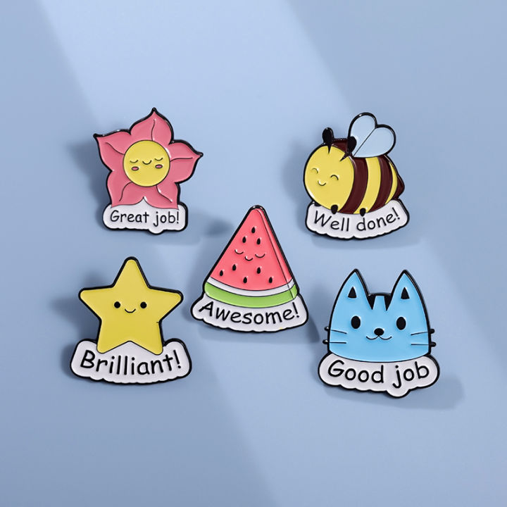 Cartoon Good Job Positive Statement Enamel Brooch Cat/bee/star ...