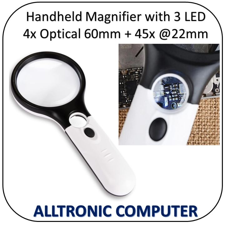 Handheld Magnifier Glass ( 4X optical at 60mm and 45X at 22mm ) with 3 ...