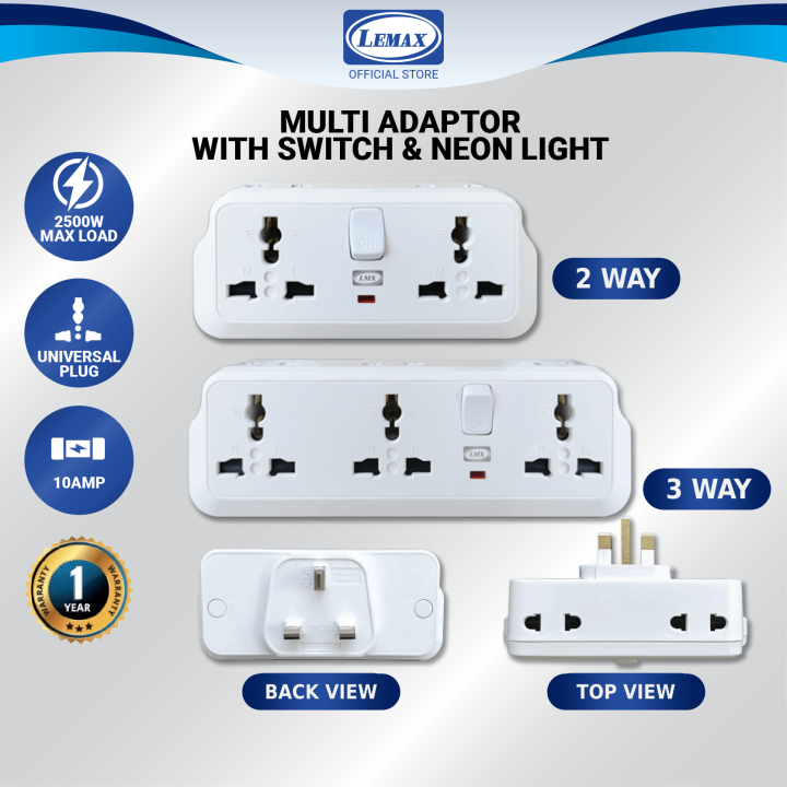 LMX 2 & 3 Gang Multi Adaptor with Switch & Neon Light 13A 3 Pin ...