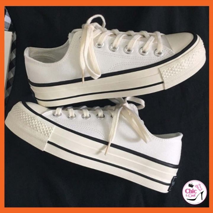 🅲🅷🅸🅲&🅲🅾🅾🅻 รองเท้าผ้าใบแบบผูกเชือก สีขาว ขอบยางหนา 6 ไซส์ | Lazada.co.th