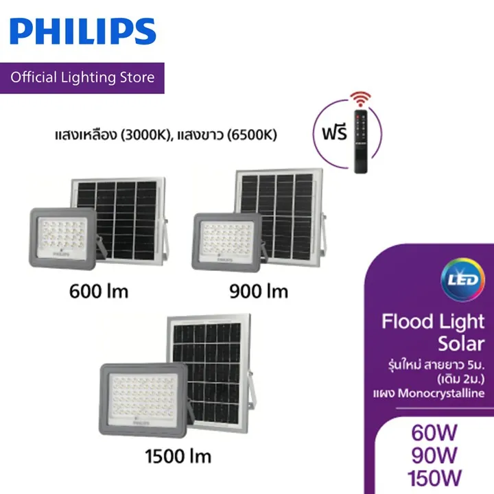Philips Lighting Solar โคมไฟสาดพร้อมแผงโซลาร์ ฟรีรีโมท สายยาว 5m. แผง ...