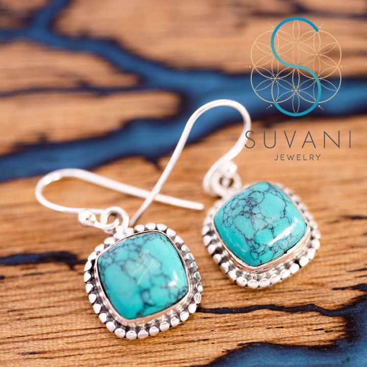 SUVANI เงินแท้ 92.5% ต่างหูหินเทอร์ควอยส์ (turquoise) หินสีฟ้า หินเสริม ...