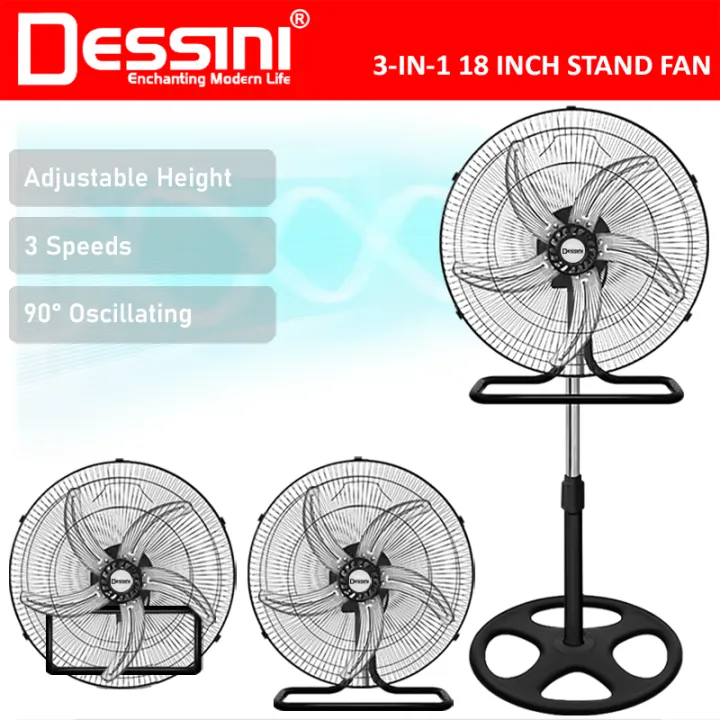 DESSINI ITALY 18'' Inch Stand Wall Floor Fan 3 Speed 5 Blade ...
