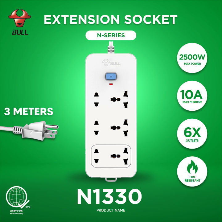 Bull Extension Socket N Series N1330 300cm Cable 6 Outlets 2500w 10A ...